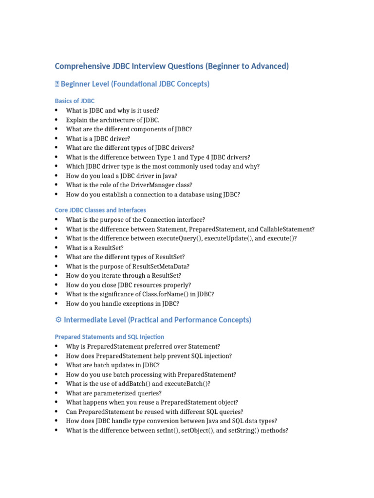 Comprehensive JDBC Interview Questions | PDF | Database Transaction | Software Engineering