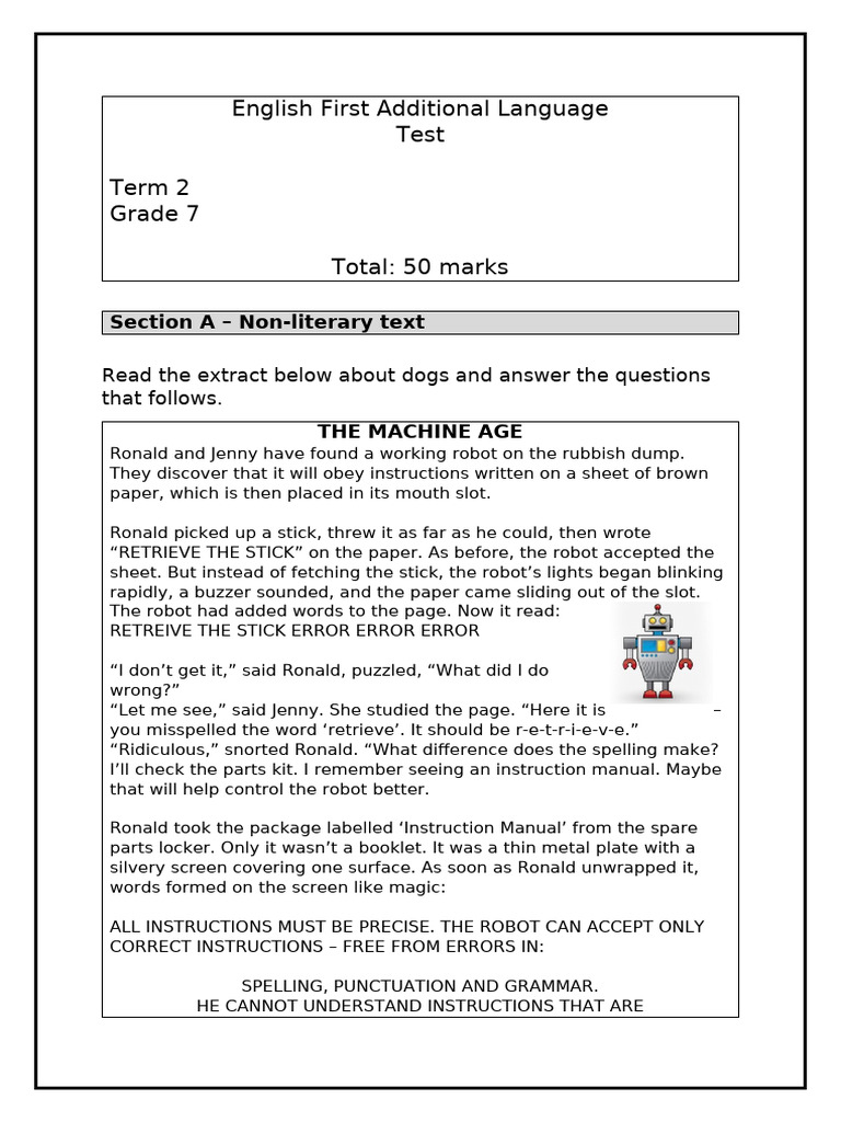 Grade 7 English Test: Robots & Language | PDF | Linguistics | Grammar