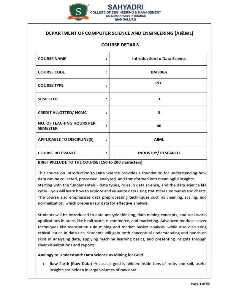 Bai306a - Introduction To Data Science | PDF | Data Mining | Data