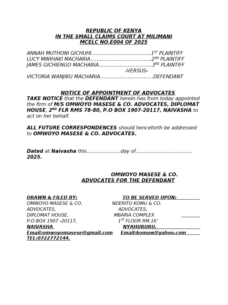 Notice of Advocate Appointment Kenya | PDF