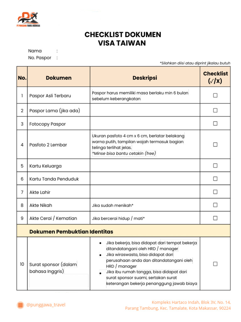 Checklist Dokumen Visa Taiwan Lengkap | PDF
