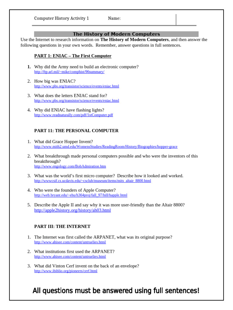Computer History Activity 1 - History of Modern Computers | PDF