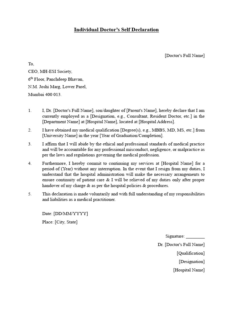 Doctor's Self Declaration Form | PDF | Hospital | Physician