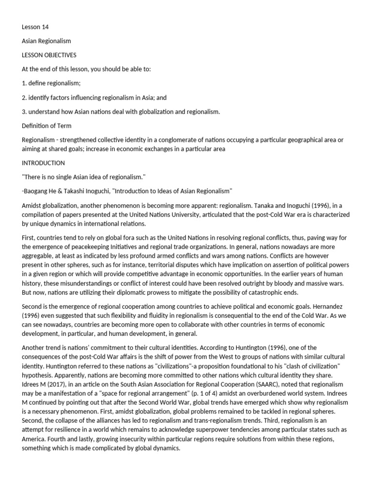 Lesson 14: Asian Regionalism LESSON OBJECTIVES At the end of this ...