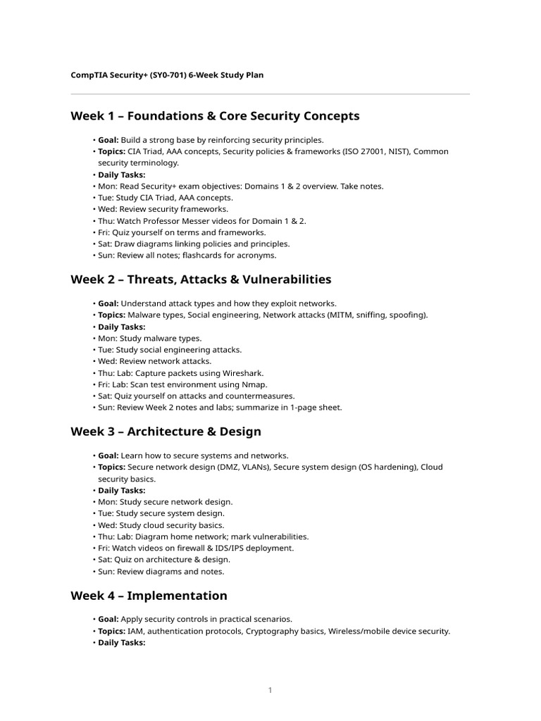 Security Plus 6 Week Plan | PDF | Risk Management | Computer Engineering