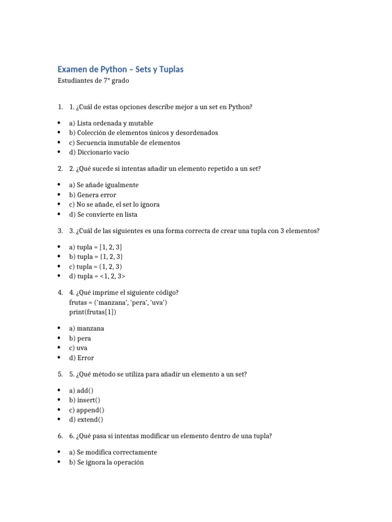 Examen Python Sets Tuplas | PDF