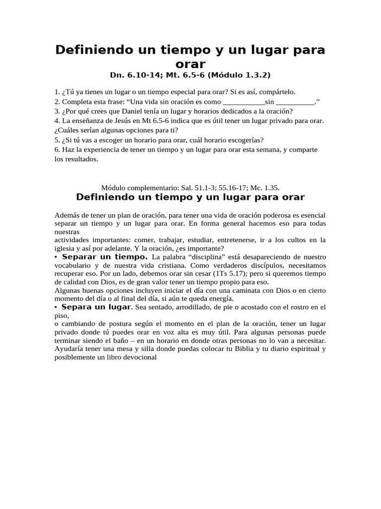 Definiendo Un Tiempo y Un Lugar para Orar | PDF