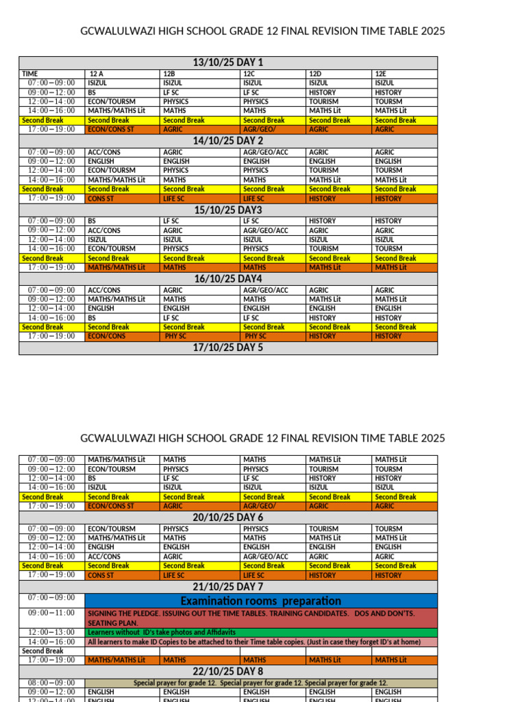 GCWALULWAZI High School Grade 12 Timetable | PDF | Tests | Educational ...