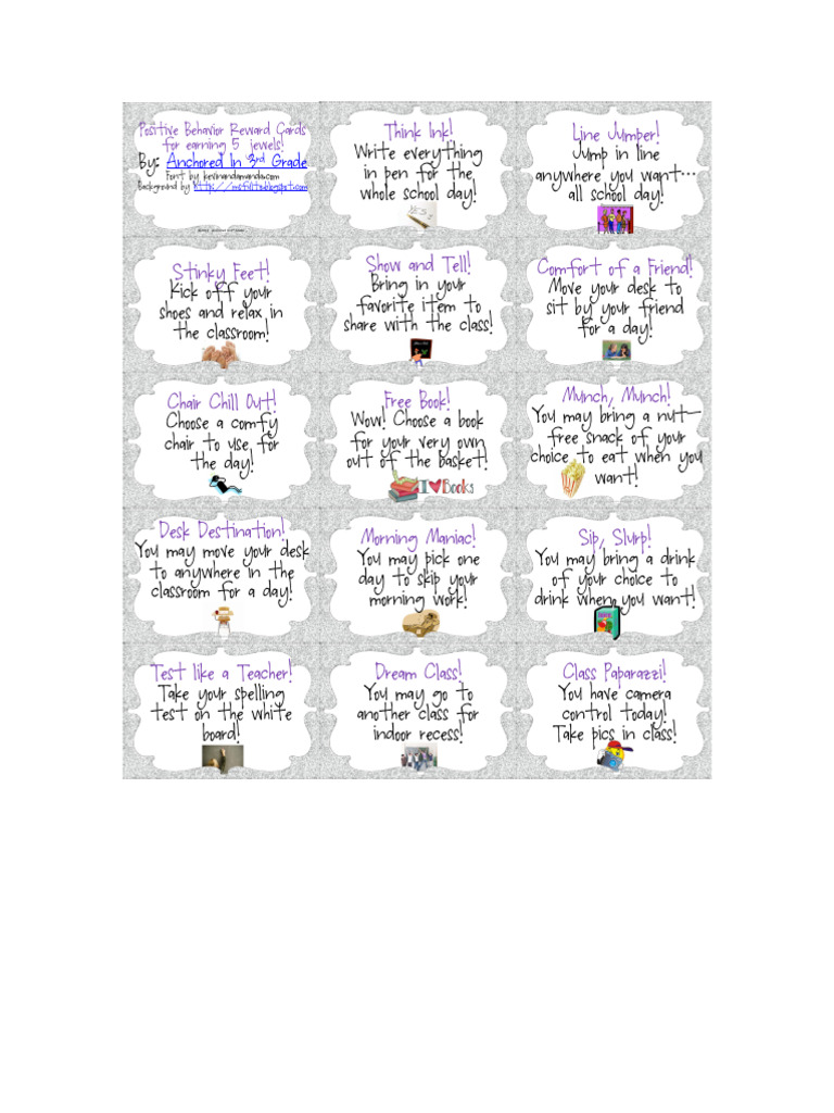 Positive Behavior Reward Cards | PDF | Learning