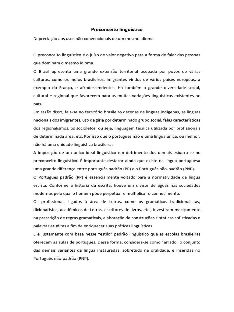 Preconceito Linguístico no Brasil: Causas e Efeitos | PDF | Linguística ...
