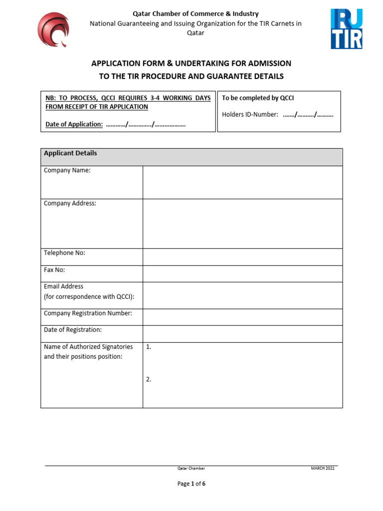 TIR Carnet Application Form Qatar | PDF