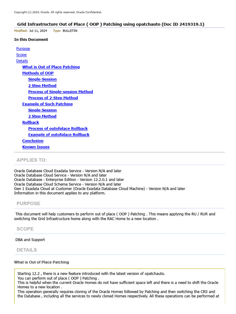 Grid Infrastructure Out of Place ( OOP ) Patching Using Opatchauto (Doc ID 2419319.1) | PDF ...