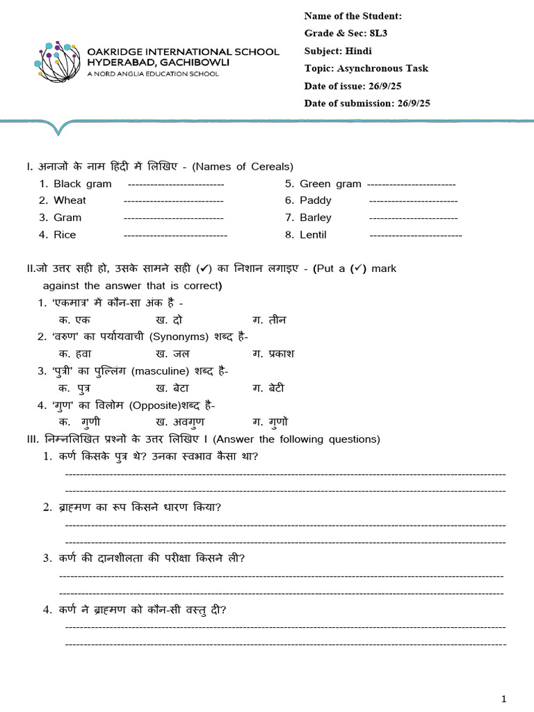 Gr-8L3 Hindi Asynchronous Task Friday, 26 September 2025 | PDF