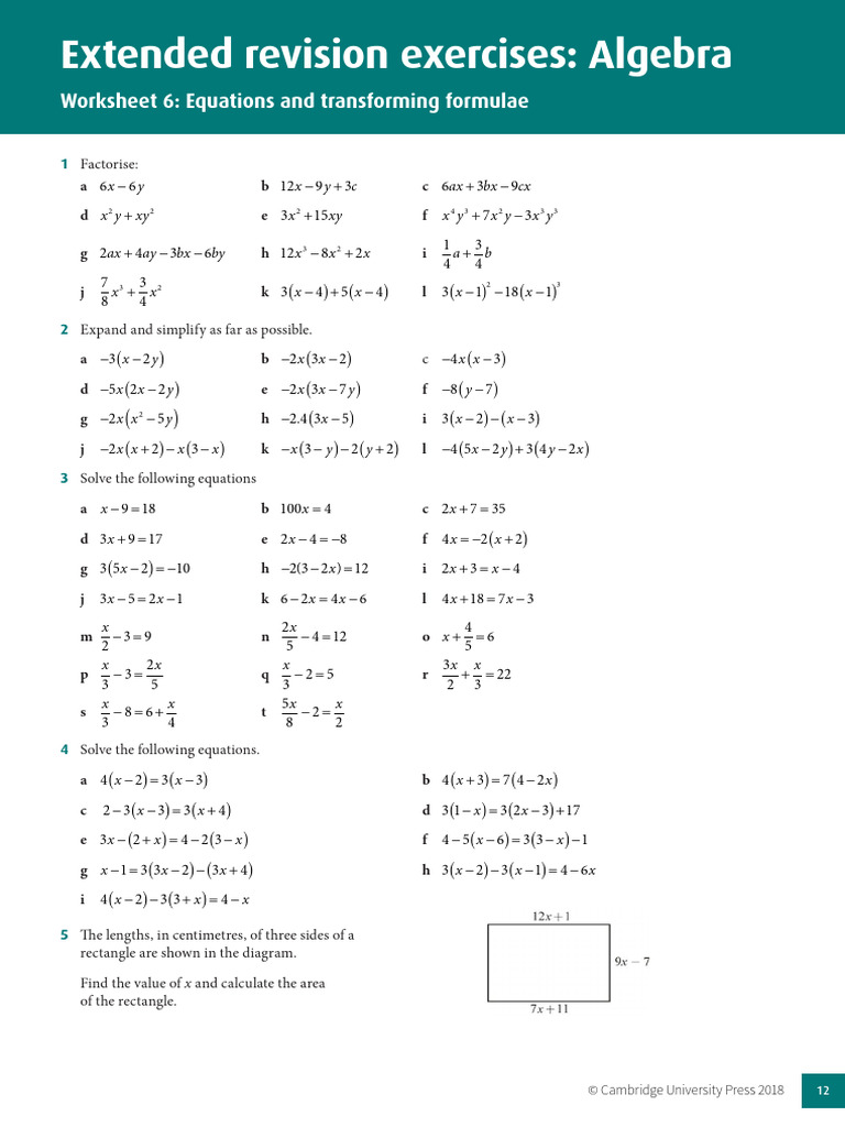 Algebra Worksheets: Factorization & Equations | PDF | Mathematics | Algebra