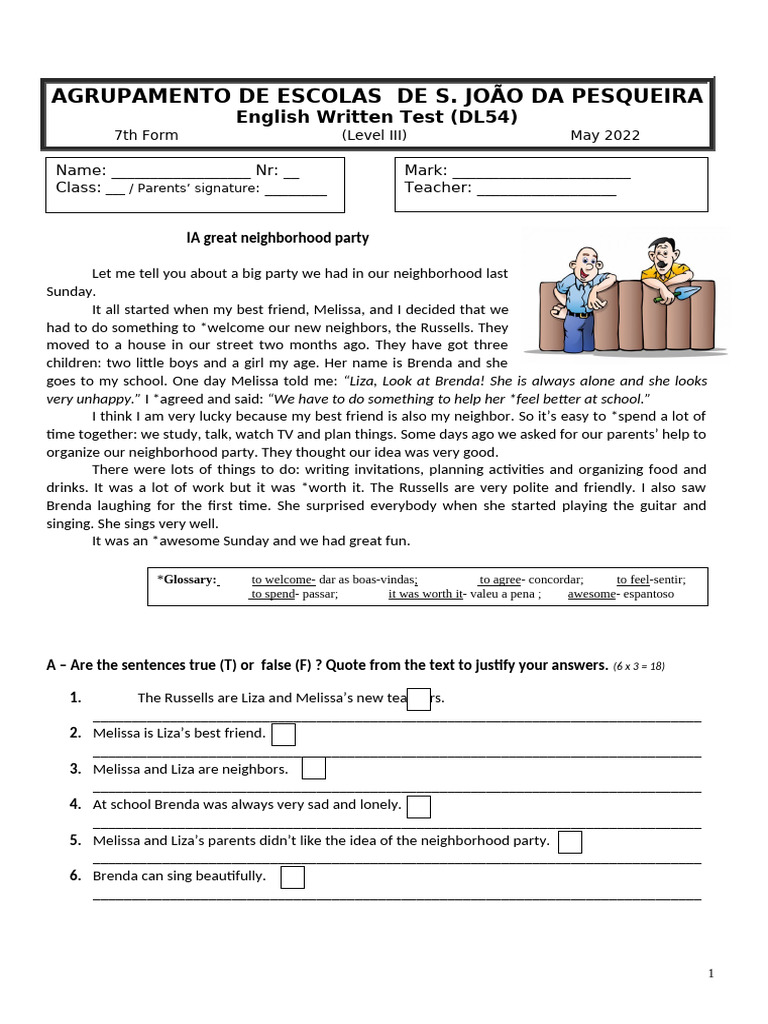 Test 4 - Neighbours - 7th Grade DL54 | PDF