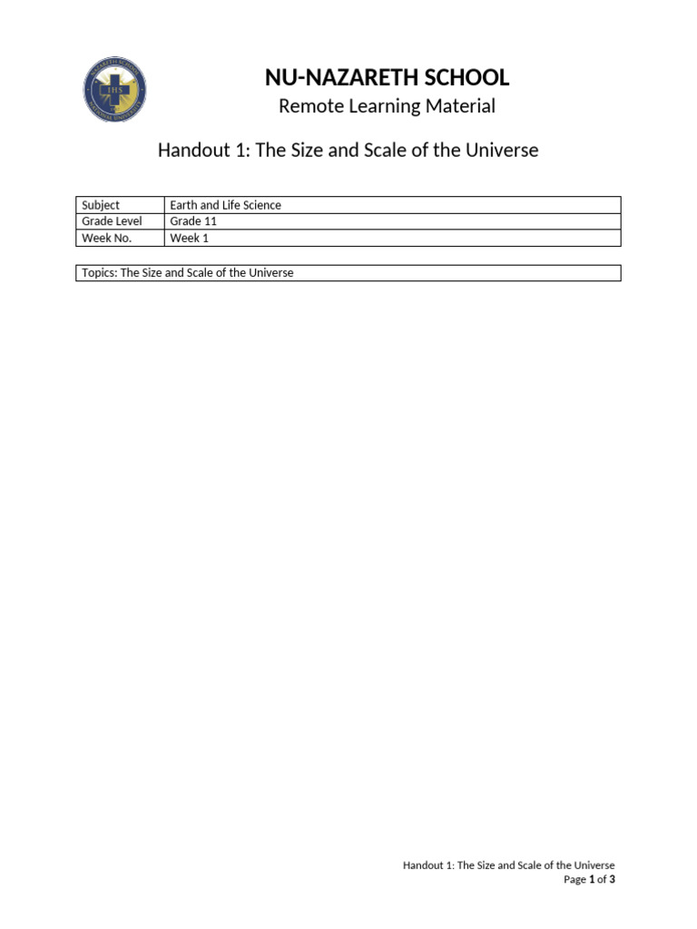Handout 1the Size and Scale of The Universe | PDF