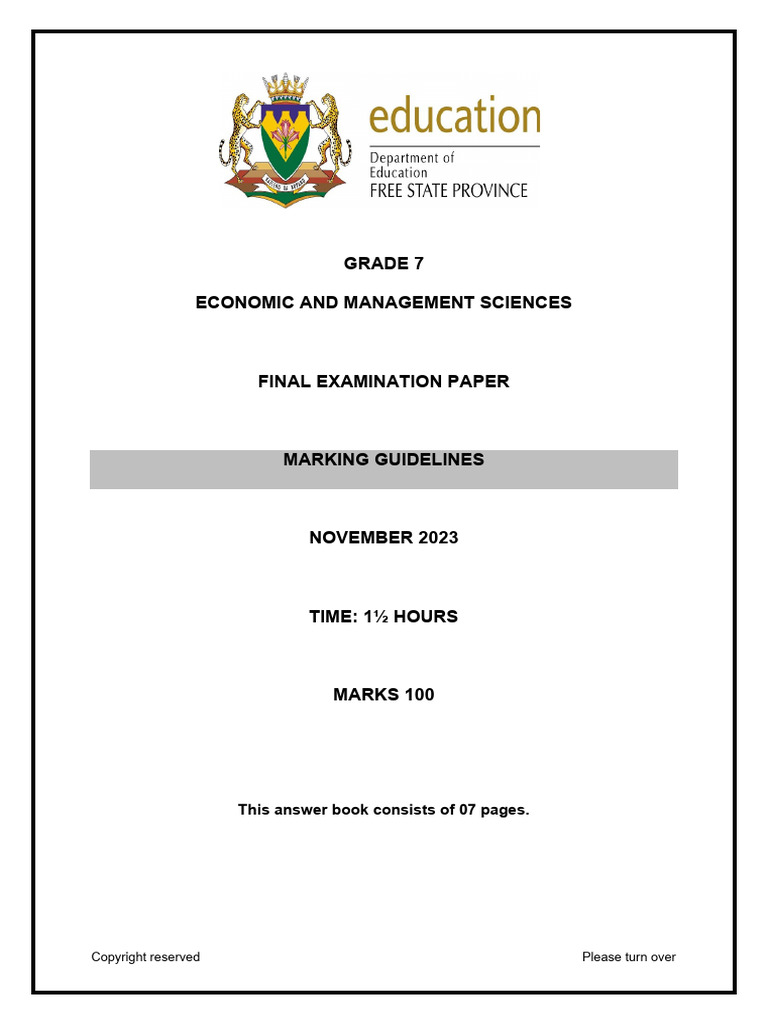 Grade 7 Ems Final Exam Nov - 2023 - Marking Guidelines | PDF | Banks ...