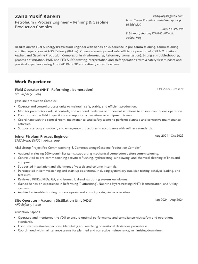 Petroleum Process Engineer Profile | PDF | Oil Refinery | Gasoline