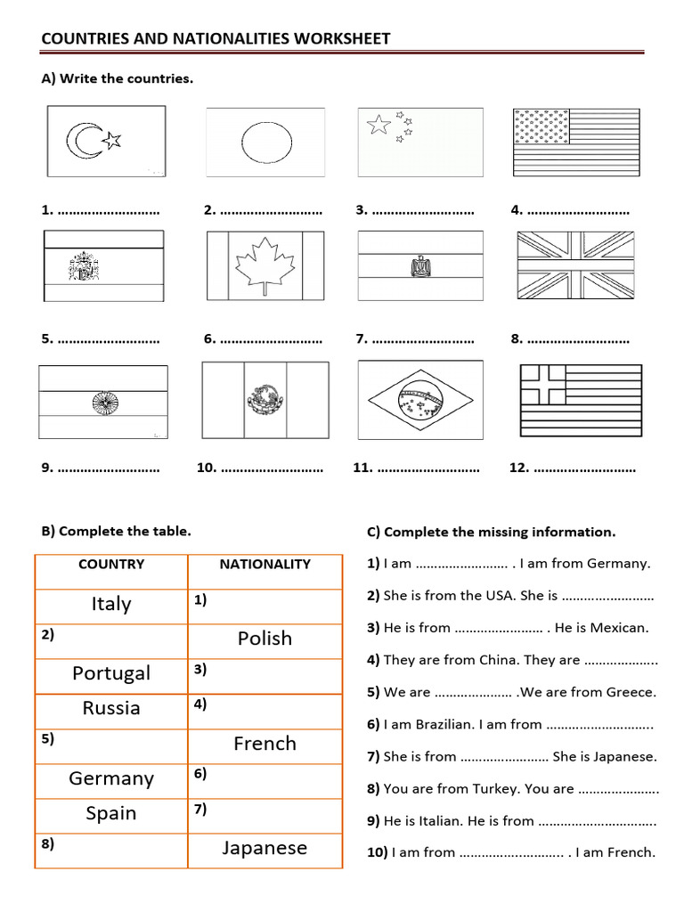 Countries and Nationalities Worksheet | PDF | Spanish Language | Chess ...