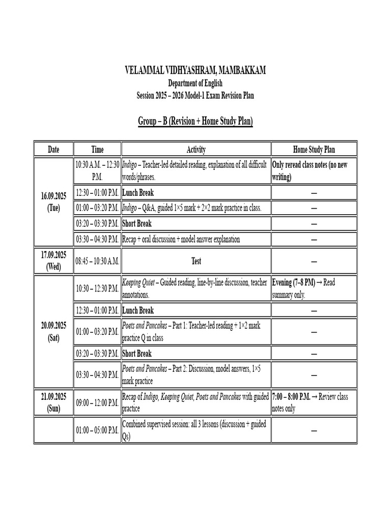 Model 1 Revision Plan (Group B) | PDF | Learning | Tests