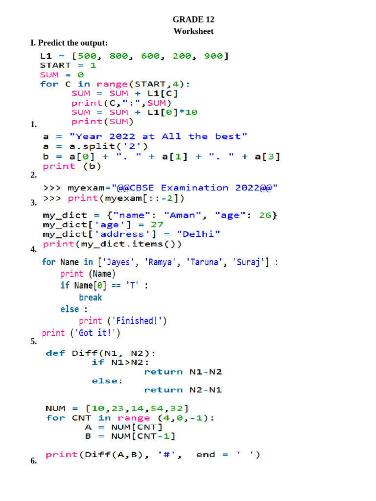 Grade 12 Worksheet | PDF