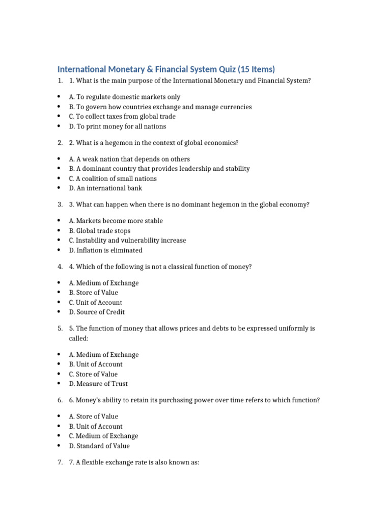 International Monetary System Quiz | PDF | Money | Exchange Rate