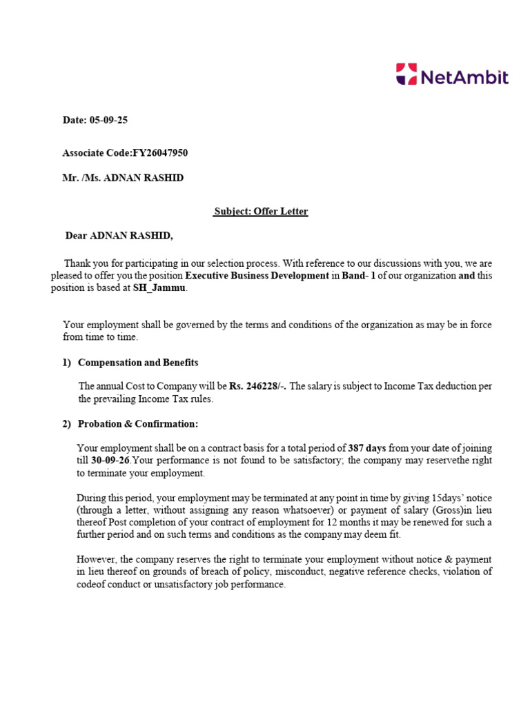 Offer Letter - Adnan Rashid | PDF | Payroll | Identity Document