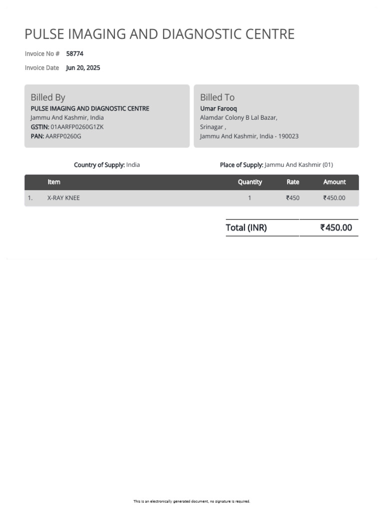 Invoice 58774 Pulse Imaging and Diagnostic Centre Umar Farooq | PDF