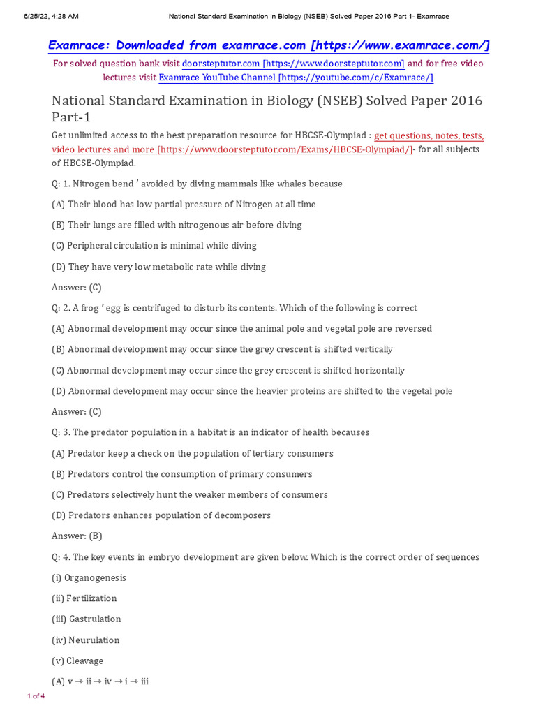 NSEB 2016 Biology Solved Paper Part 1 | PDF | Biology | Biochemistry