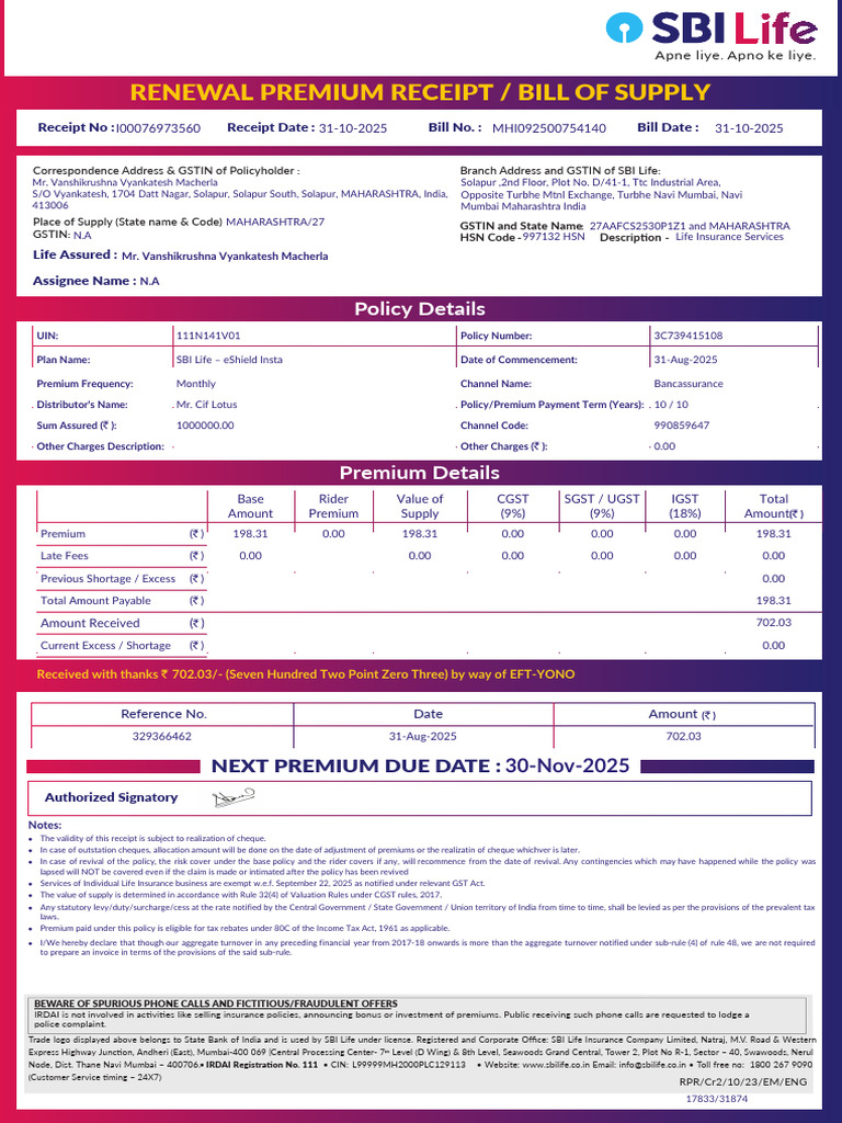SBI Life Insurance Renewal Receipt | PDF | Insurance | Government Finances
