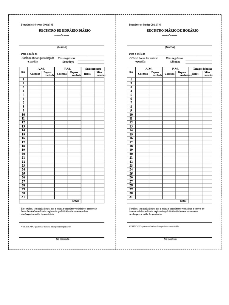 Formulário CSC nº 48 - Registro de Ponto Diário (DTR) | PDF