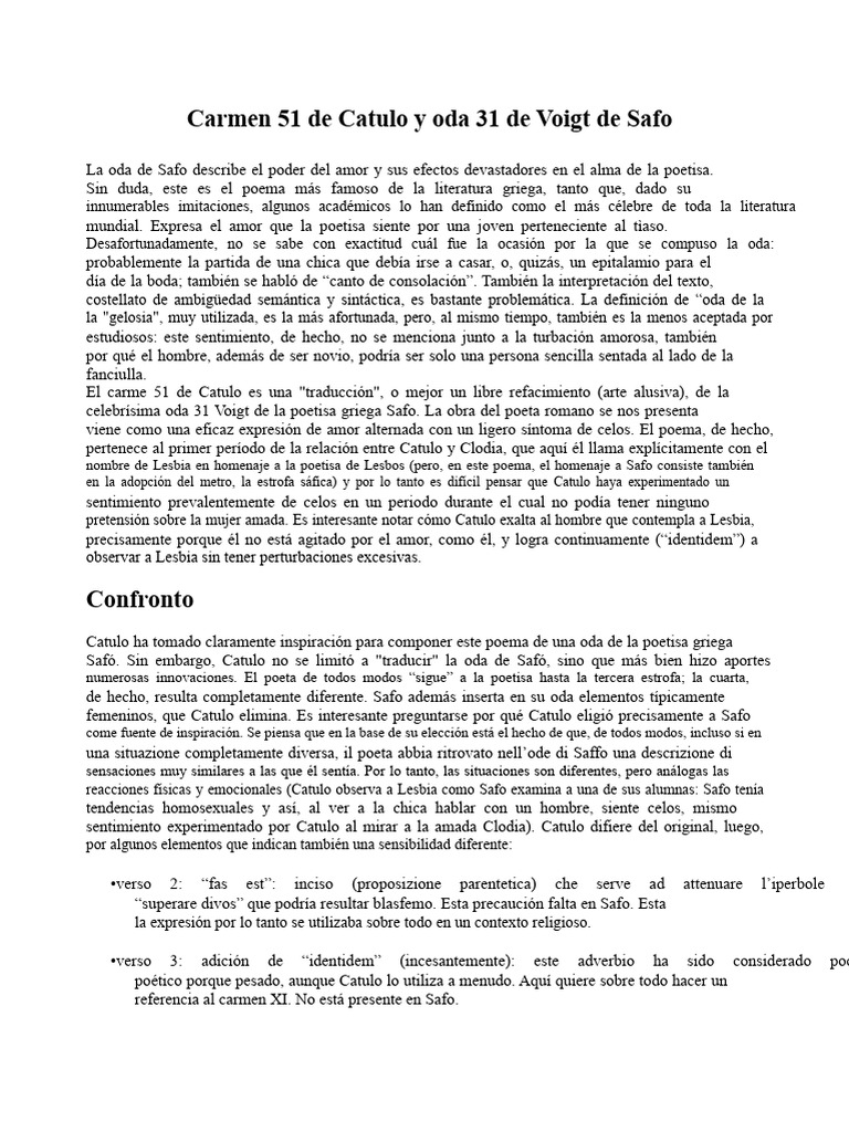 Comparación Entre El Carme 51 de Catulo y La Oda 31V de Safo | PDF | Amor