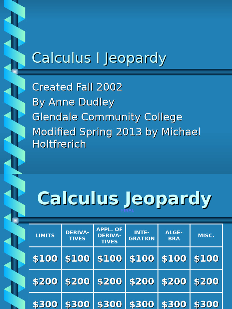 Calculus I Jeopardy Game Guide | PDF | Mathematical Objects ...