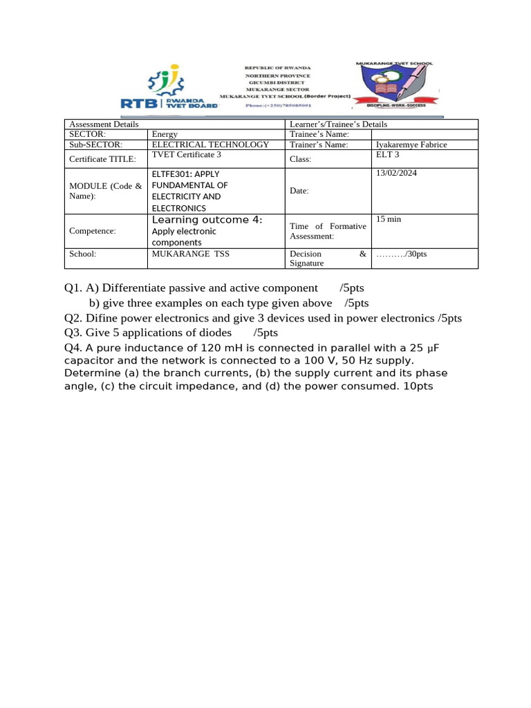 Electrical Technology Assessment Details | PDF