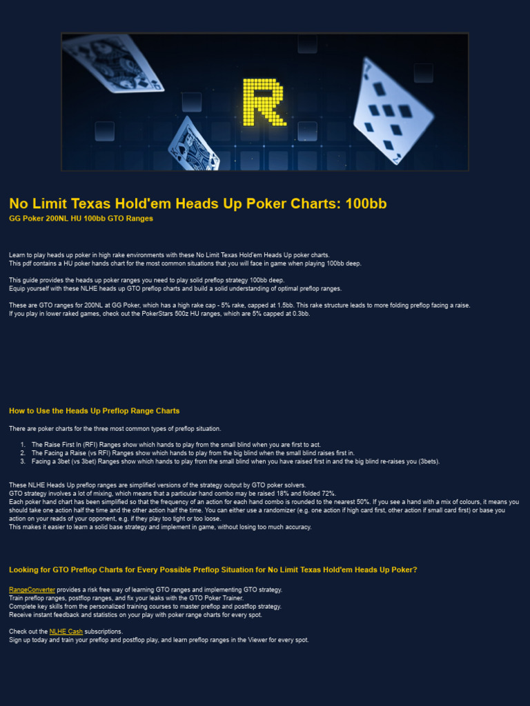 Heads Up 100bb GGPoker Poker Charts No Limit Texas Holdem Cash | PDF ...