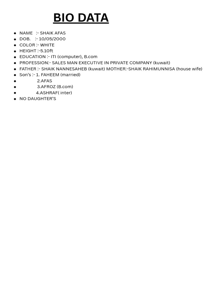 Bio Data of Shaik Afas | PDF