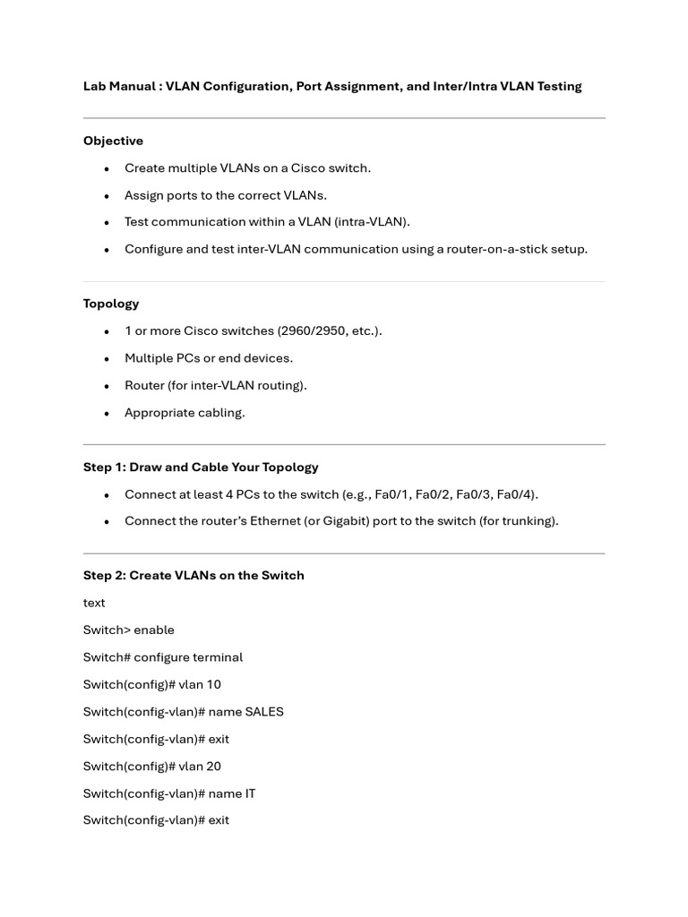 VLAN Setup and Testing Guide | PDF | Network Switch | Router (Computing)