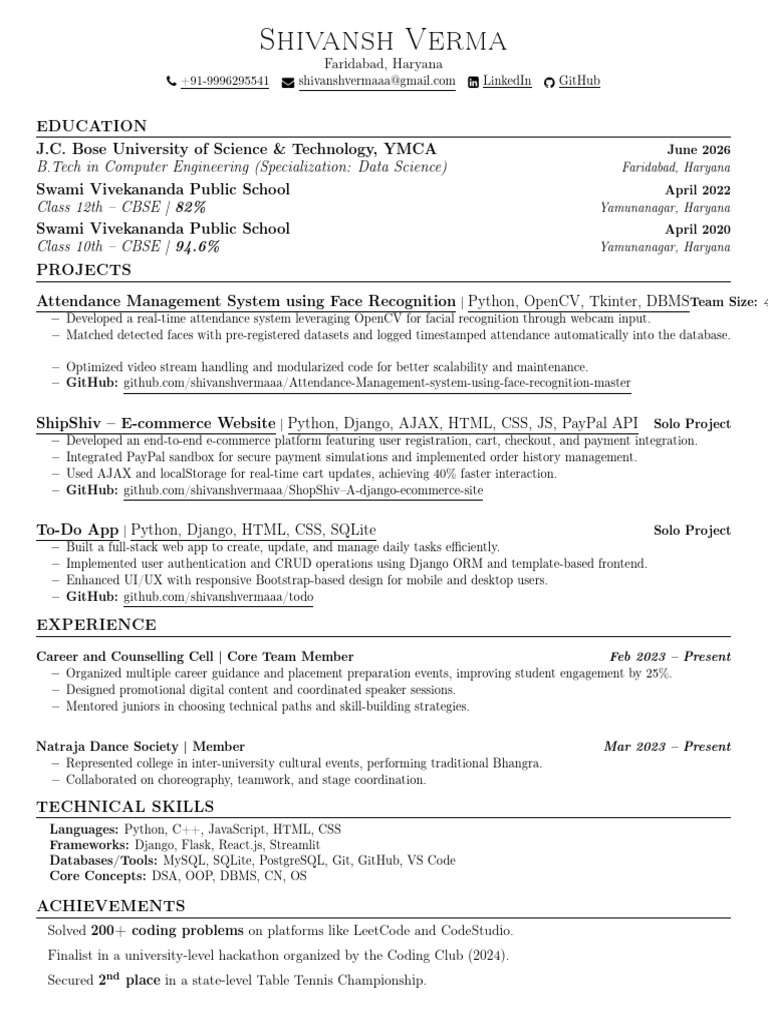 Shivan Sh Verma Resume | PDF | Databases | Python (Programming Language)