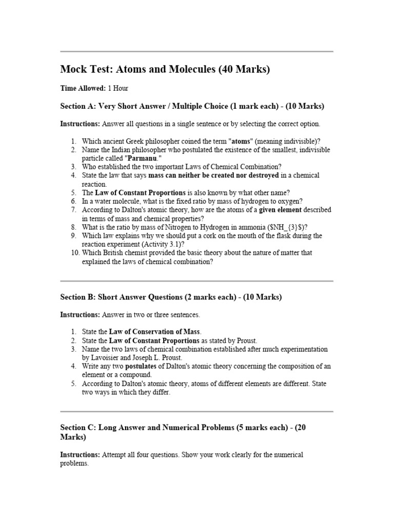 Atoms and Molecules Mock Test Guide | PDF | Chemistry | Atoms
