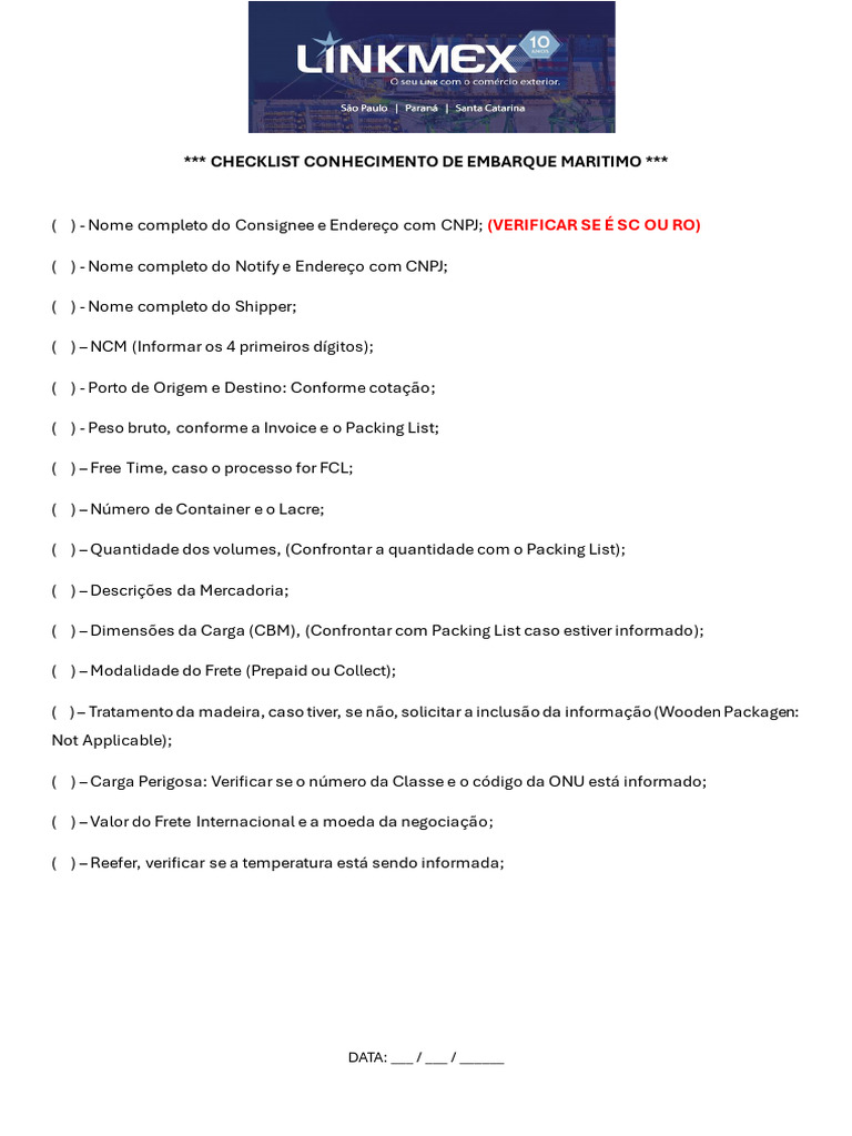 Checklist de Conhecimento de Embarque | PDF