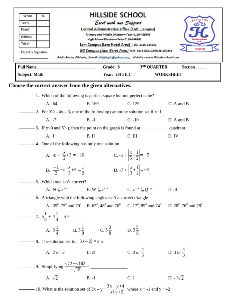 Grade 8 Math Worksheet | PDF