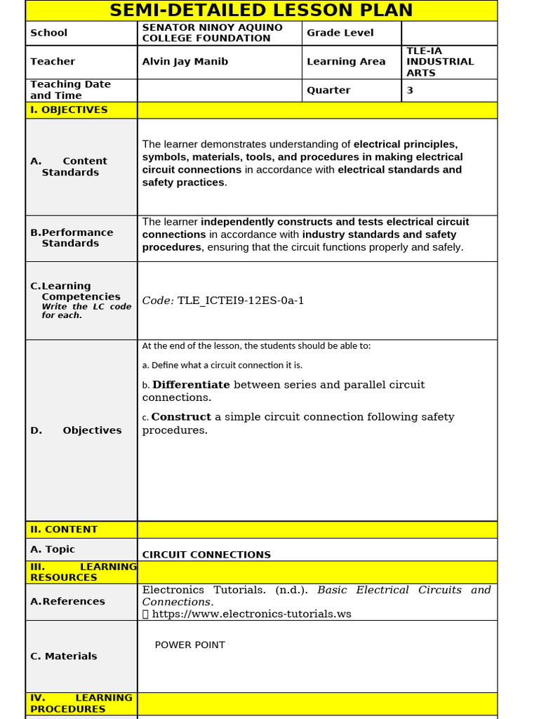 Electrical Circuit Connections Lesson Plan | PDF