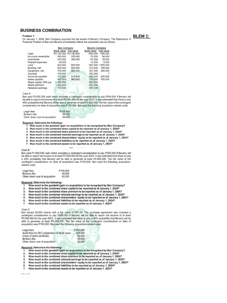 Business Combination and Acquisition Analysis | PDF | Goodwill ...