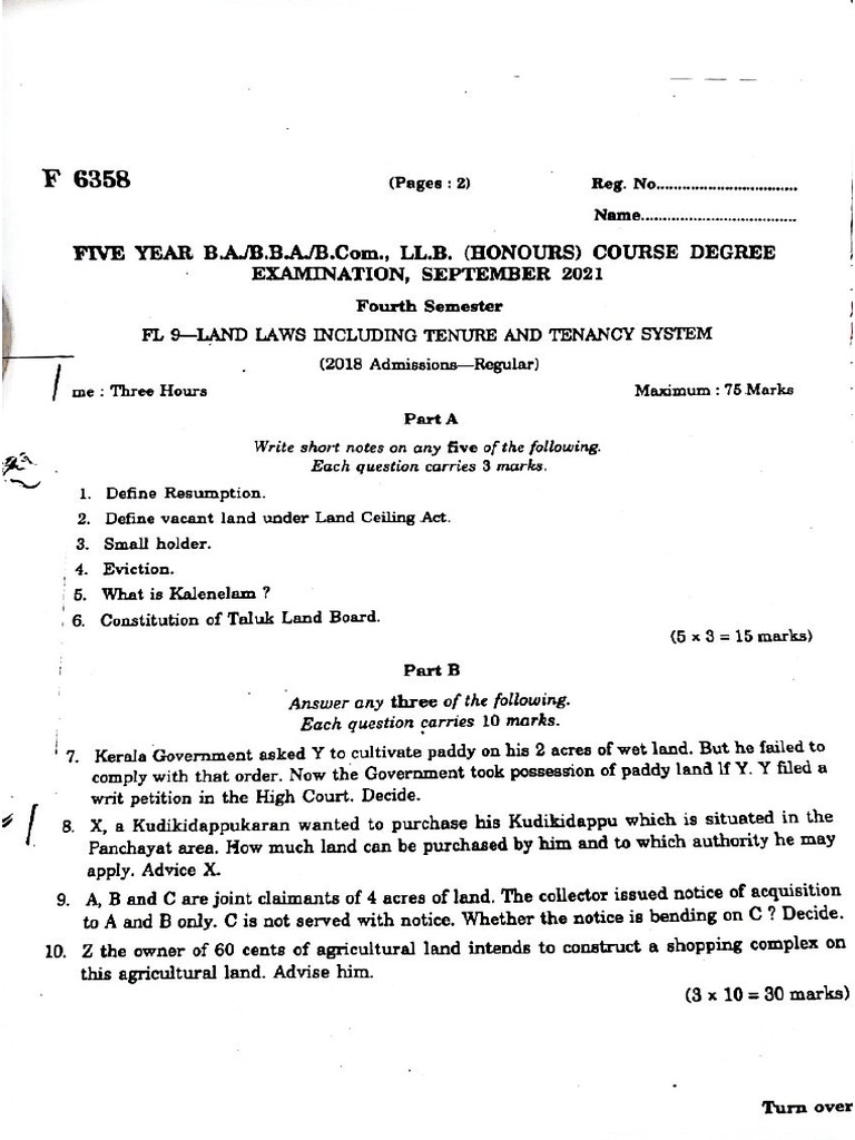 Land Law Previous Year Question Paper | PDF