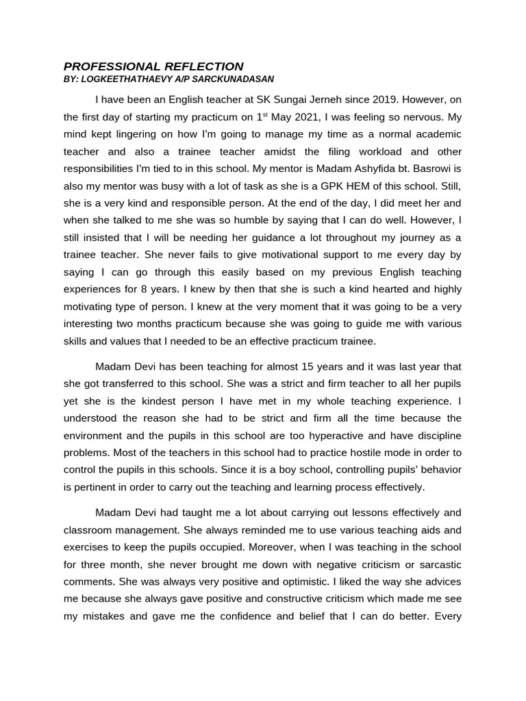 Professional Reflection | PDF | Classroom Management | Teachers