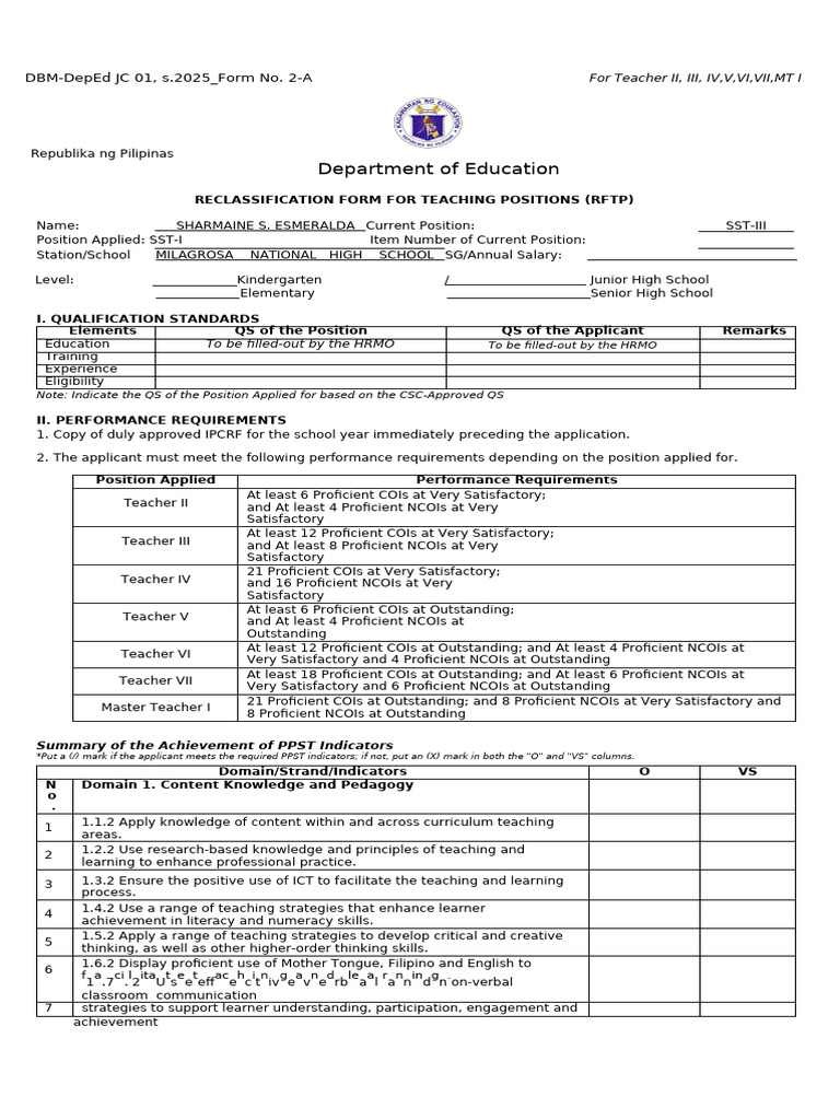 Reclassification Form For Teaching Positions (RFTP) | PDF | Educational Assessment | Learning