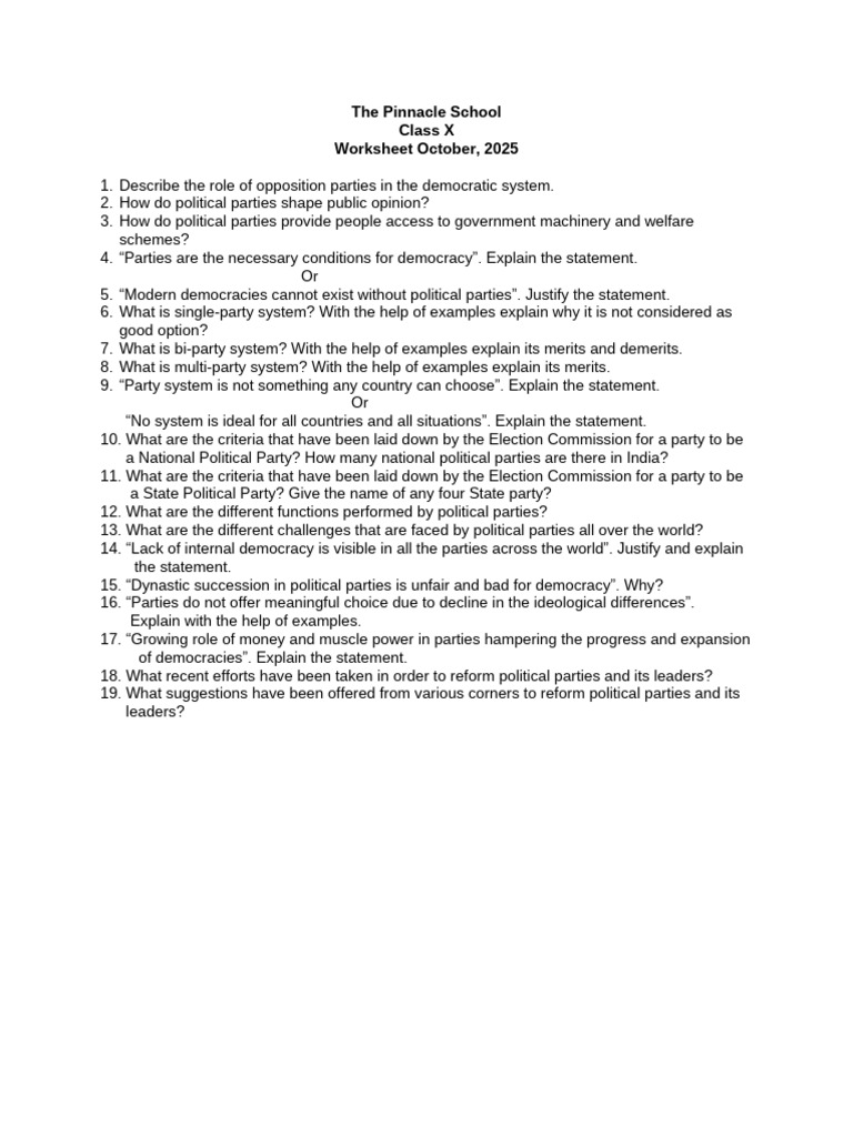 Political Parties and Democracy Worksheet | PDF
