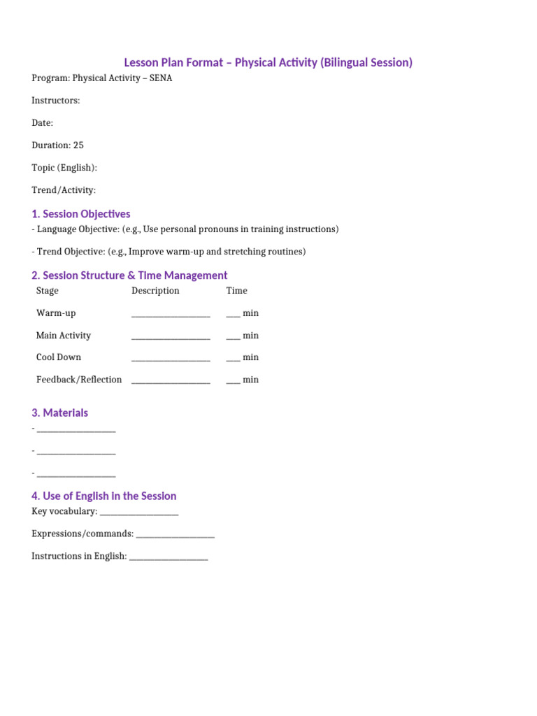 Lesson Plan Physical Activity Bilingual | PDF | English Language ...