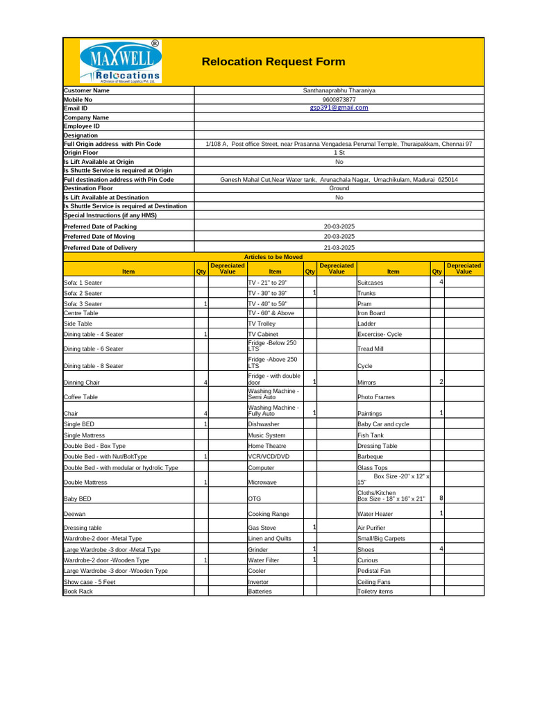 Relocation Request Form Details | PDF | Home