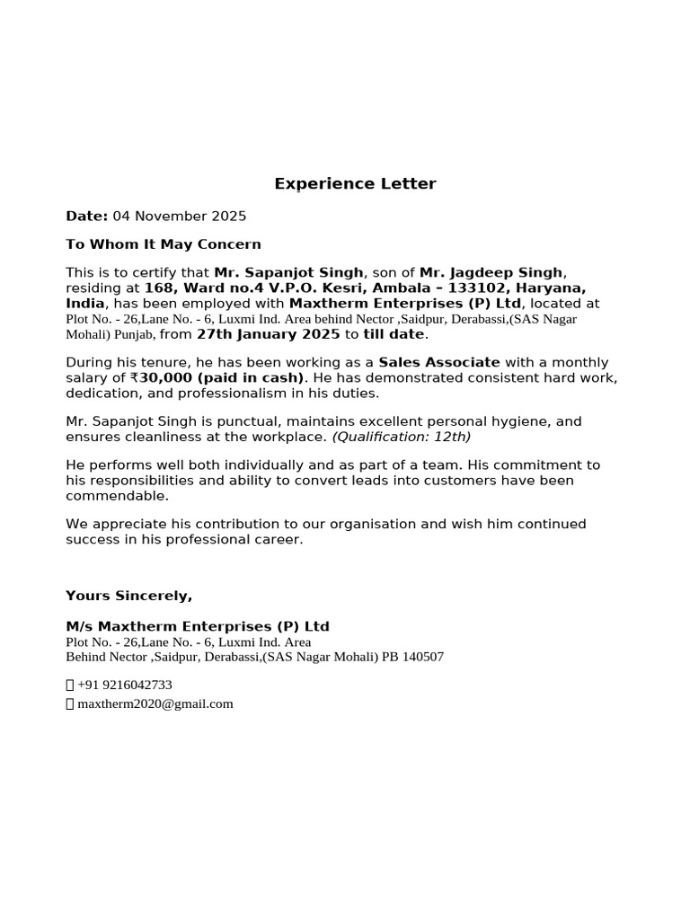 JOB Experinece Letter Sample | PDF